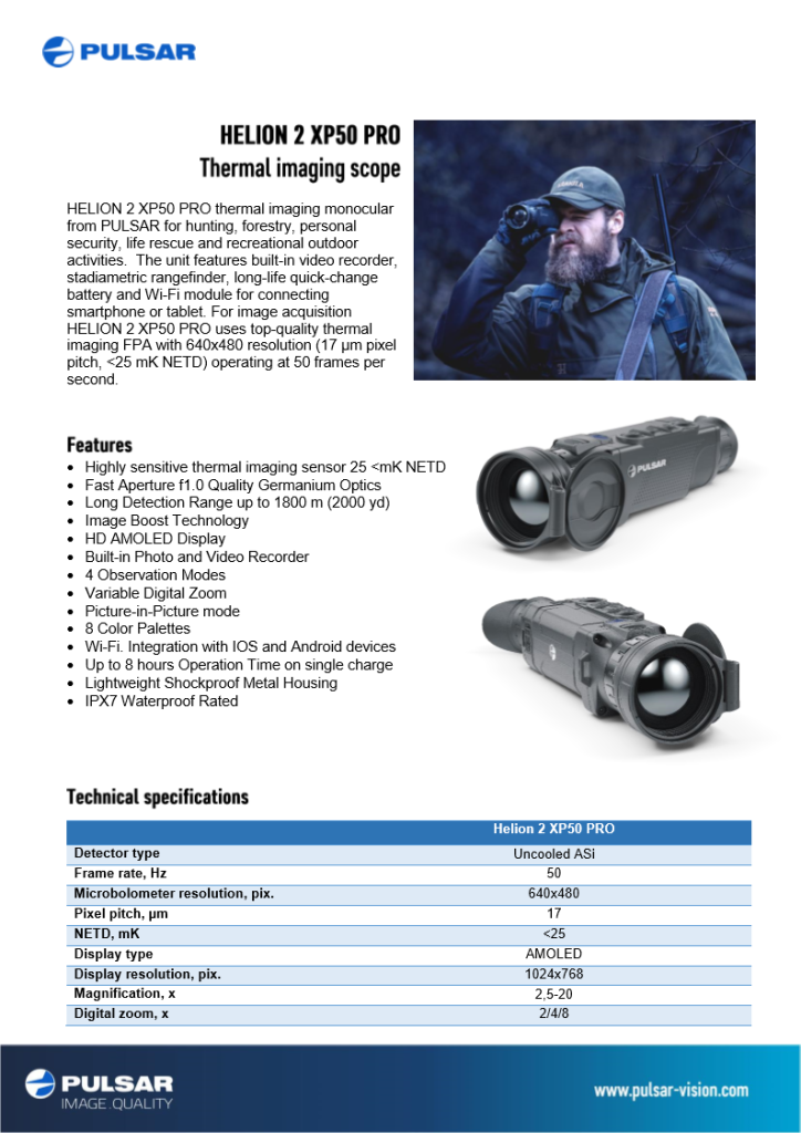 Pulsar Helion 2 XP50 PRO Thermal Monocular (Free Extra IPS 7!)